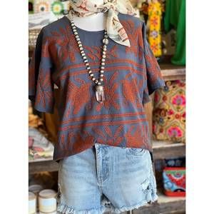 SISTER MARY | Tops | New Sister Mary Embroidered Cotton Top In Bluered ...